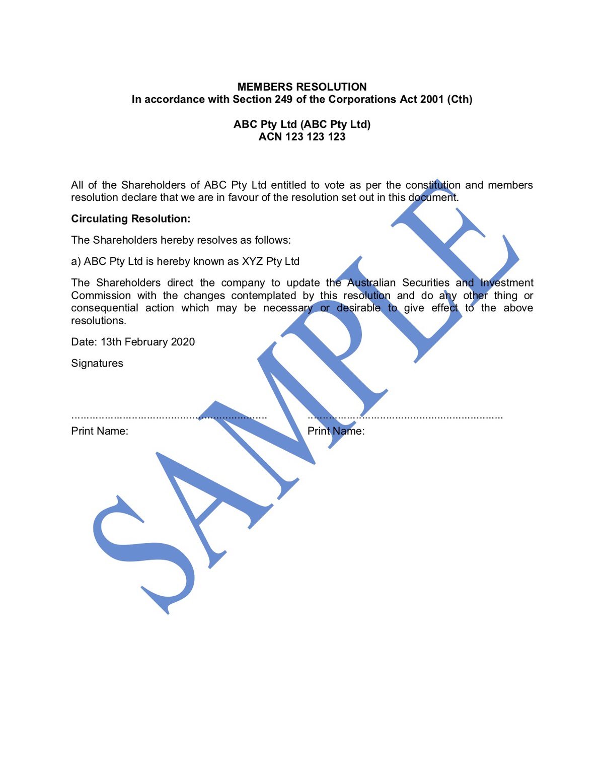 Shareholders Resolution General Free Template Sample Lawpath