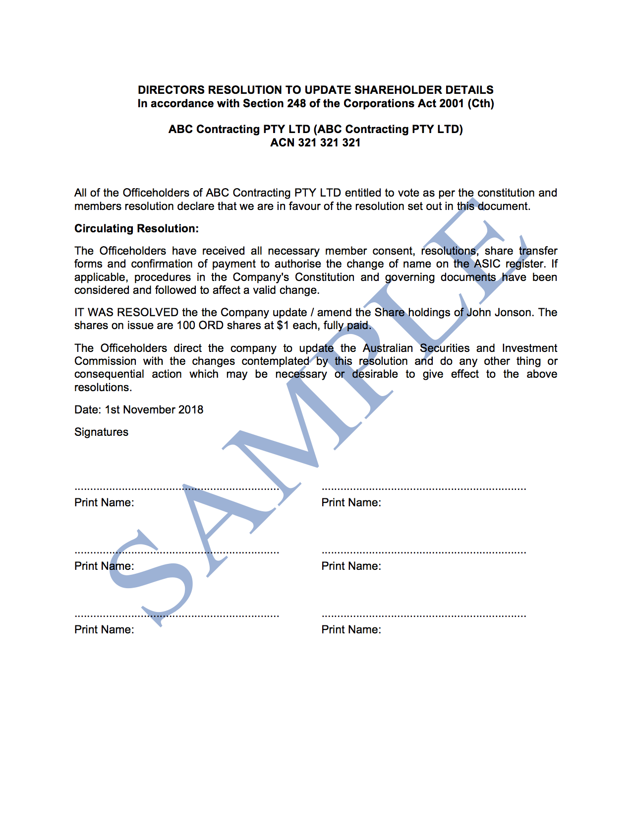 Directors Resolution to Update Shareholder Details - Free Template ...