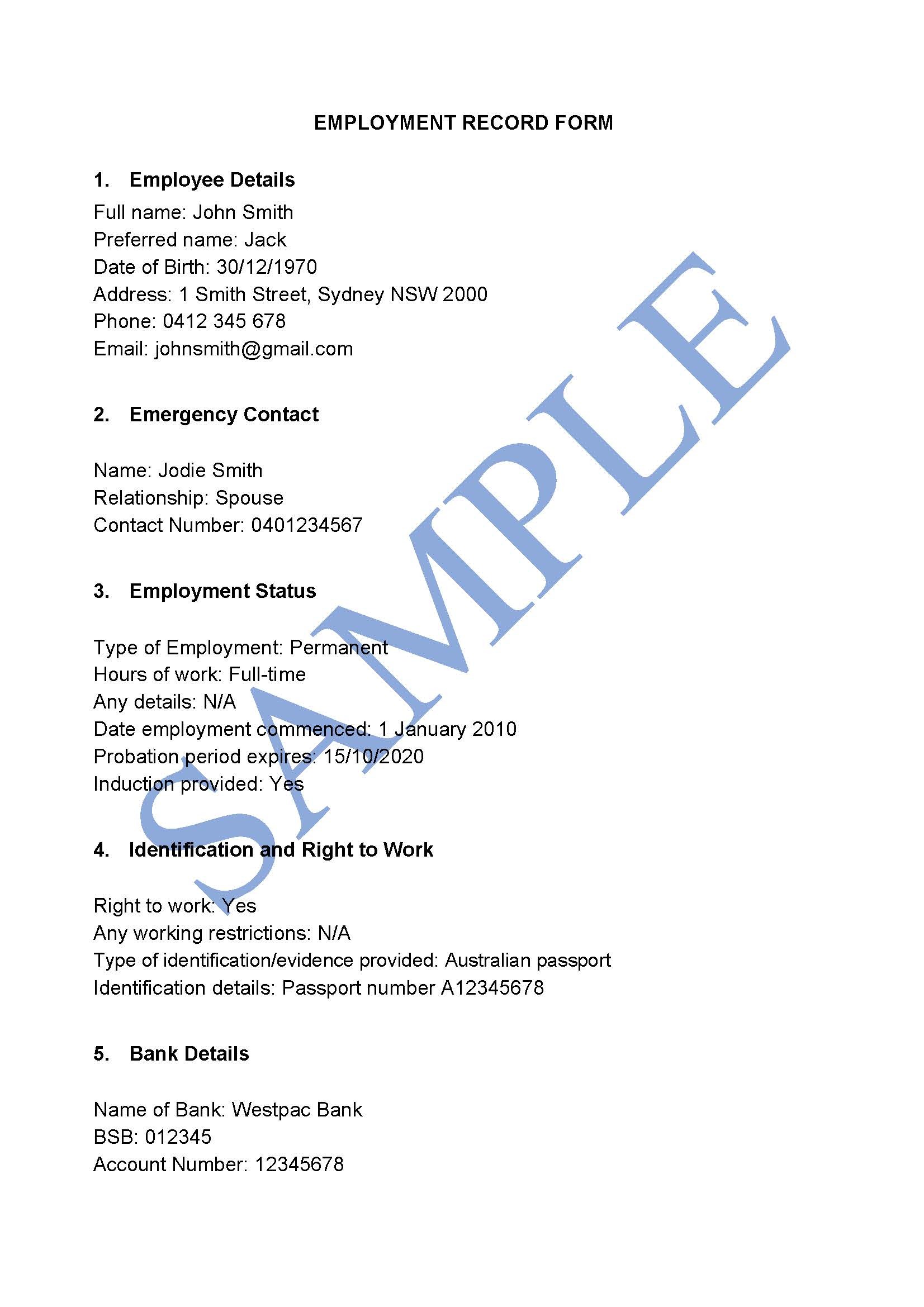 Employee Record Form Free Template Sample Lawpath Employee Record Form Free Template Sample Lawpath