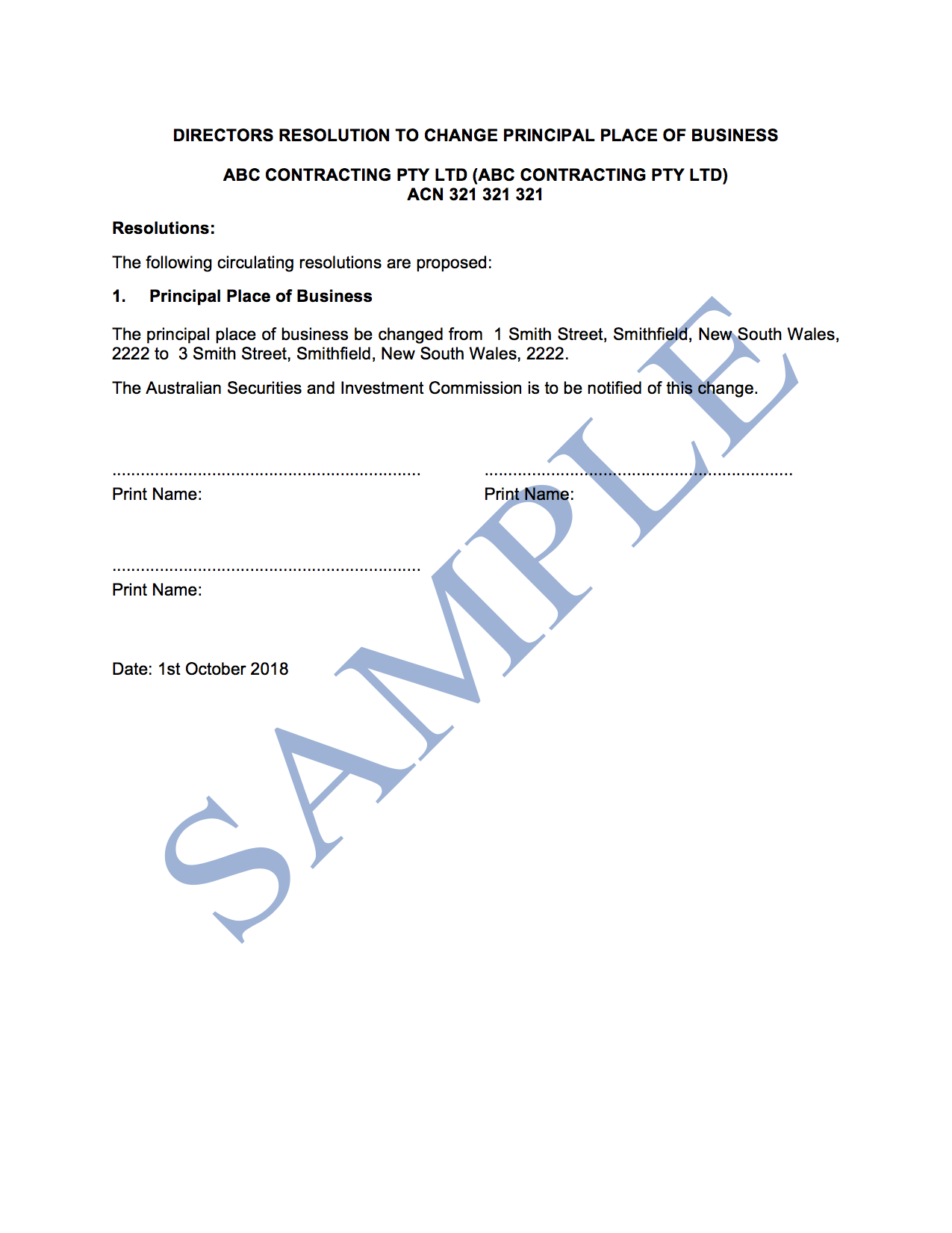 Directors Resolution to Change Principal Place of Business - Free ...