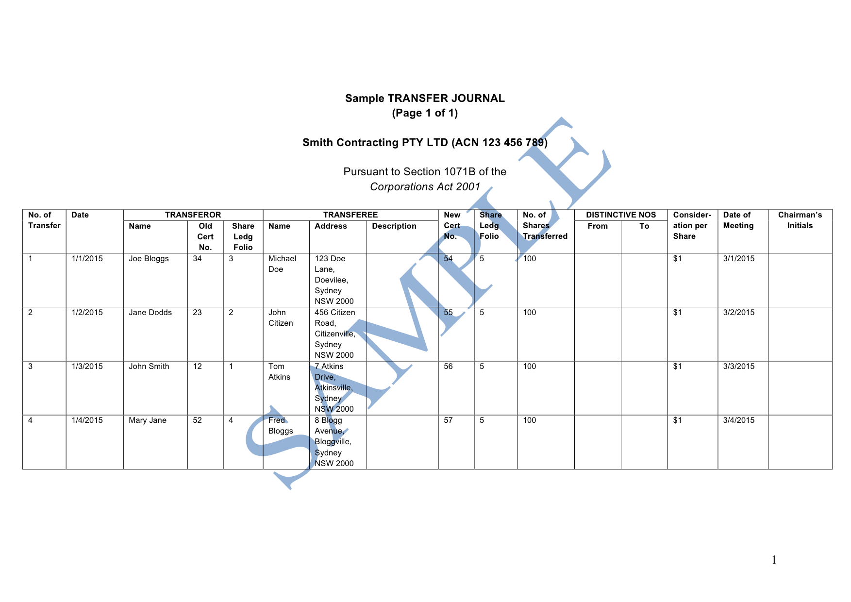 Transfer Journal - Free Template | Sample - Lawpath