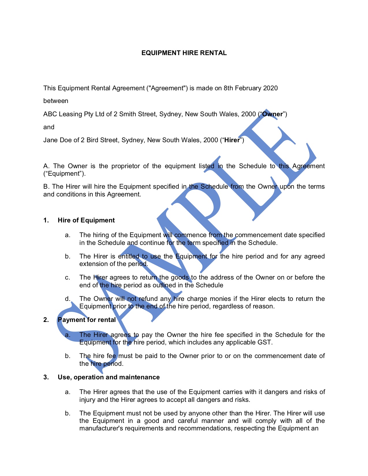 Free Equipment Hire Agreement Template Australia Printable Templates